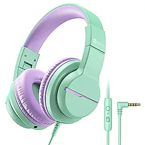 iClever HS19 Kids Headphones with Microphone for School, Volume Limiter 85/94dB, Over-Ear Girls Boys Headphones for Kids with Shareport, Foldable Wired Headphones for iPad/Fire Tablet/Travel, Green