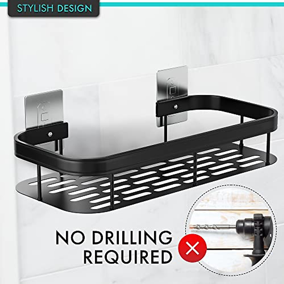 Wall Shower Caddy - Adhesive Shower Racks - Adhesive Bathroom Shelves - Shower Caddies Shelve - Rust-Proof - No Drilling - Simple Minimalistic Design - Black - 2-Pack