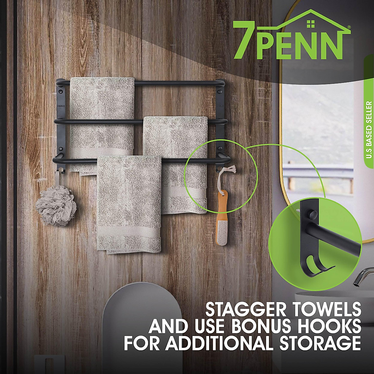 7Penn Bath Towel Bar - Stainless Steel Matte Black 3-Tiered Ladder Wall Mounted Bathroom Towel Rack with Hanging Hooks