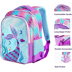 Reversible Sequin School Backpack Lightweight Little Kid Book Bag with Lunch Bag Set for Preschool Kindergarten Elementary (15", Mermaid with Lunch Bag)