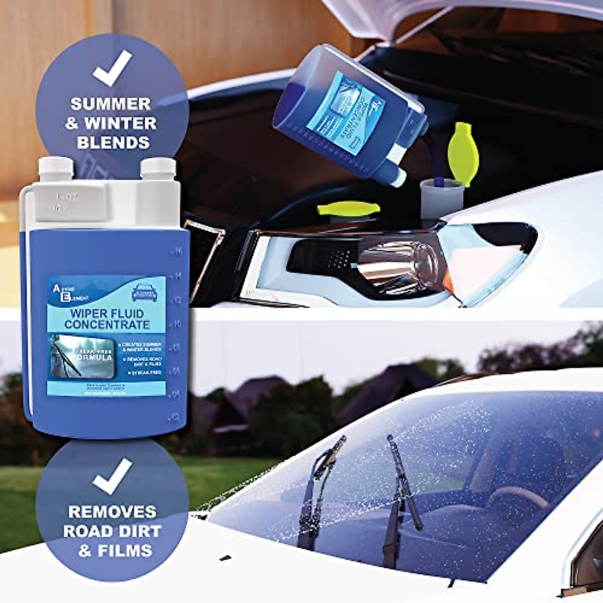 Active Element Windshield Washer Fluid Concentrate - Makes 64 Gallons (32 floz bottle) - Removes Road Dirt and Grime - Streak Free - Create Summer and Winter Blends from Washer Fluid Concentrate