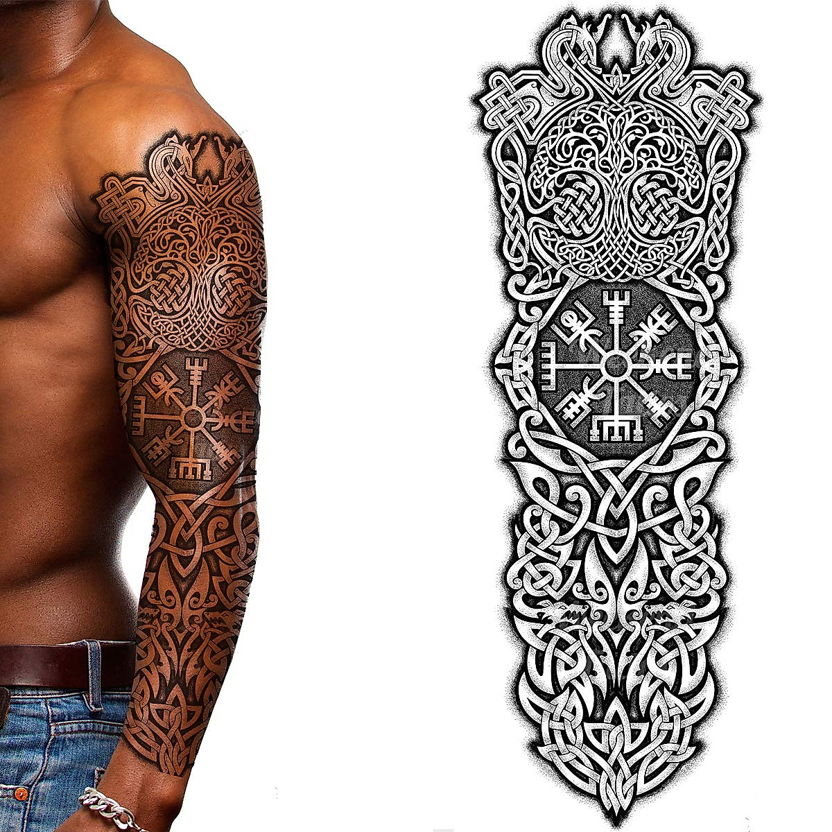 Tatodays temporary tattoo full arm stick on body art viking icelandic medieval celtic transfer for women and men cosplay halloween adult aegishjalmur temp tattoo tree of life wolfs fancy dress