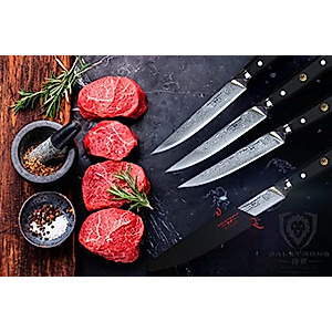 DALSTRONG Steak Knives Set - 5 inch - Shogun Series ELITE - Damascus - Japanese AUS-10V Super Steel - 4 Piece - Razor Sharp Fillet Knives - Table Set - Razor Sharp Kitchen Knife Set - Sheaths Included