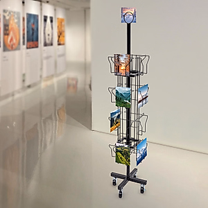 NeNchengLi 16 Pockets Rotating Greeting Card Rack Display Stand Spinning 4 Tiered Metal Floor Standing Pockets Greeting Card Display Rack For Sticker, Brochure, Postcard