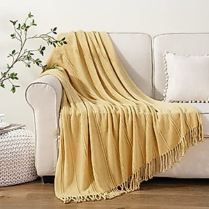 BATTILO HOME Yellow Throw Blanket for Couch, Knit Gold Throw Blankets Decorative Yellow Throws with Tassels for Bed Sofa Home Decor, 50"x60"