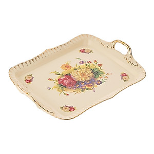 YOLIFE Ivory Serving Tray, Ceramic Floral and Gold Leaves Decorative Platter for Tea Party 15 X 11 inch (Flowering Shrubs)