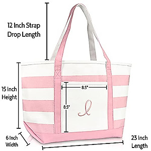 DALIX Striped Beach Bag Tote Bags Satchel Personalized Pink Ballent Letter I