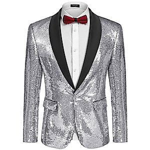 COOFANDY Men's Shiny Sequins Suit Jacket Blazer One Button Tuxedo Banquet Prom Silver