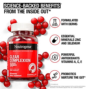 Neutrogena Clear Complexion Antioxidant Gummies with Zinc, Daily Skincare Supplement with Vitamin A, Vitamin C & Vitamin E for Clear, Healthy Skin + Probiotics, Strawberry Flavor, 60 ct