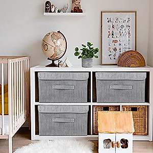 DK.AMZ Foldable Storage Bins with Lids, Fabric Storage Basket for Shelves with Handles, Collapsible Closet Organizer for Home Office, 3-pack, 15 x 9 inches, Gray & White