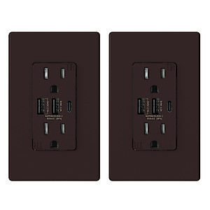 ELEGRP 30W 6.0 Amp 3-Port USB Wall Outlet, 15 Amp Receptacle with USB Type C & Type A Ports, USB Charger for iPhone/iPad/Samsung/LG/HTC/Android Devices, UL Listed, w/Wall Plate, 2 Pack, Matte Brown