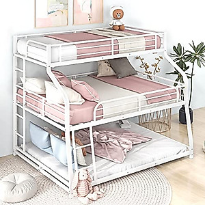 Harper & Bright Designs Metal Triple Bunk Beds,Bunk Beds Twin XL/Full XL/Queen,3 in 1 Triple Bed,Heavy Duty 3 Beds Bunk Bed with Guard Rails & 2 Ladders for Kids,Teens, Adults,White