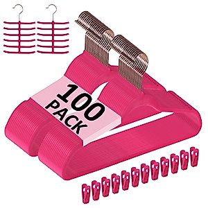 VECELO Premium Velvet Clothes Hangers Suit Heavy Duty (100 Pack)-Non Slip & Space-Saving with 12 Finger Clips & 2Tie Rack Excellent for Men and Women,Rose