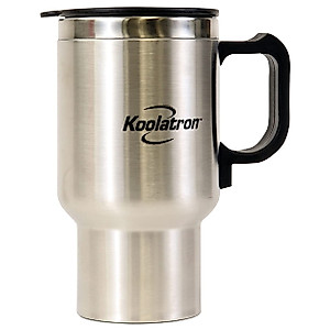 Koolatron 12V USB Insulated Travel Mug with Heater, 500 mL (17 oz), Silver and Black Stainless Steel for Car, SUV, Truck, Office, Home, Dorm