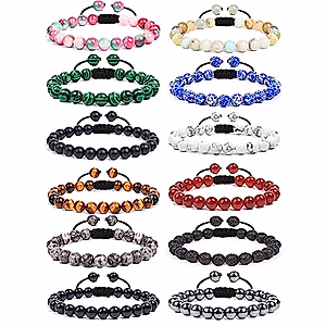 BOMAIL 12Pcs Natural Semi-Precious Gemstones Bracelets - Adjustable Round Beaded Bracelets Reiki Healing Crystals Beads Bracelet for Women Men