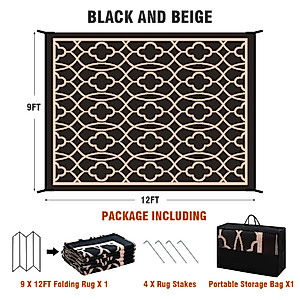 Pendolr Reversible Mats - Outdoor Rugs 9'x12' for Patios Clearance, Plastic Straw Rugs Waterproof, Portable, Outdoor RV Camping Rug, Garden, Balcony, Picnic, Beach, Camping(Black & Beige)