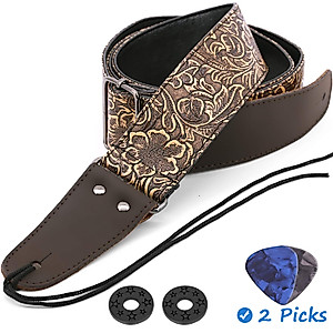 Anwenk Guitar Strap, Stamped Leather Guitar Strap PU Leather Western Vintage 60's Retro Guitar Strap with Genuine Leather Ends for Electric Bass Guitar, with Tie,Include 2 Picks,Bronze