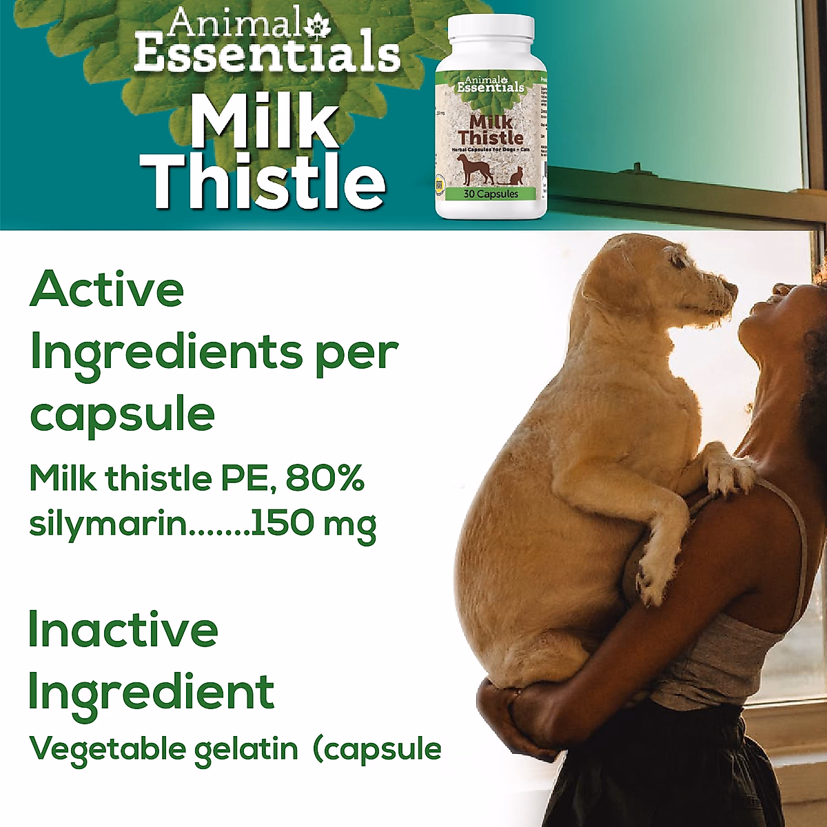 Animal Essentials Milk Thistle Liver Support for Dogs and Cats, 30 Capsules - Made in USA Liver Supplement