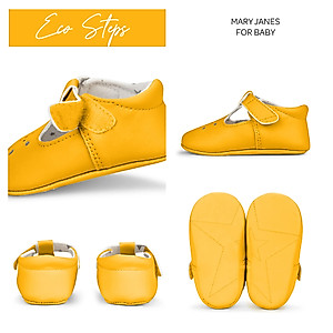 JuJuBe Mary Jane Baby Girl Shoes, Machine Washable Vegan Leather Baby Shoes, Dress Girls Shoe with Soft Soles, Hook and Loop Strap, Non Slip Toddler Flats for Walking, Sunflower Yellow - 9-12 Months