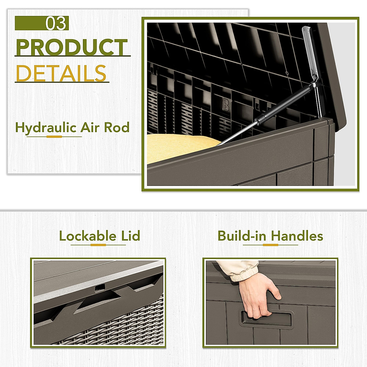 GUNJI 100 Gallon Resin Deck Box with Cushion,Outdoor Weatherproof Large Storage Box,Lockable Storage Container for Patio Furniture,Garden Tools,Pool Supplies (Light Brown)