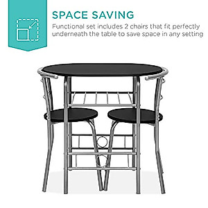 Best Choice Products 3-Piece Wooden Round Table & Chair Set for Kitchen, Dining Room, Compact Space w/Steel Frame, Built-in Wine Rack - Black/Silver