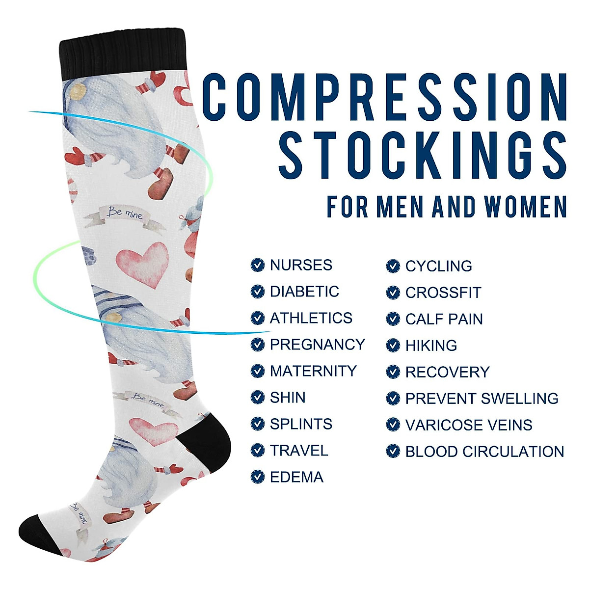 xigua Valentine's Mother's Day Cute Gnome Compression Socks 20-30mmHg Knee High Stockings for Sport Nursing - 1 Pair