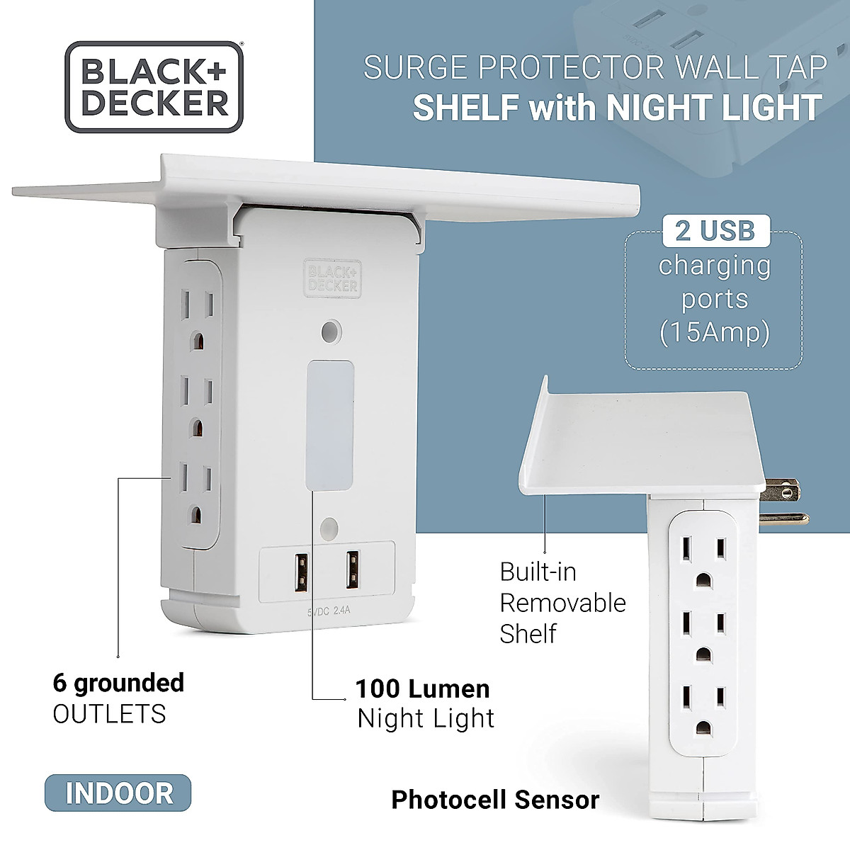 Black+Decker Surge Protector Outlet Shelf with Night Light, 6 Grounded Outlets, 2 USB, 100 Lumen