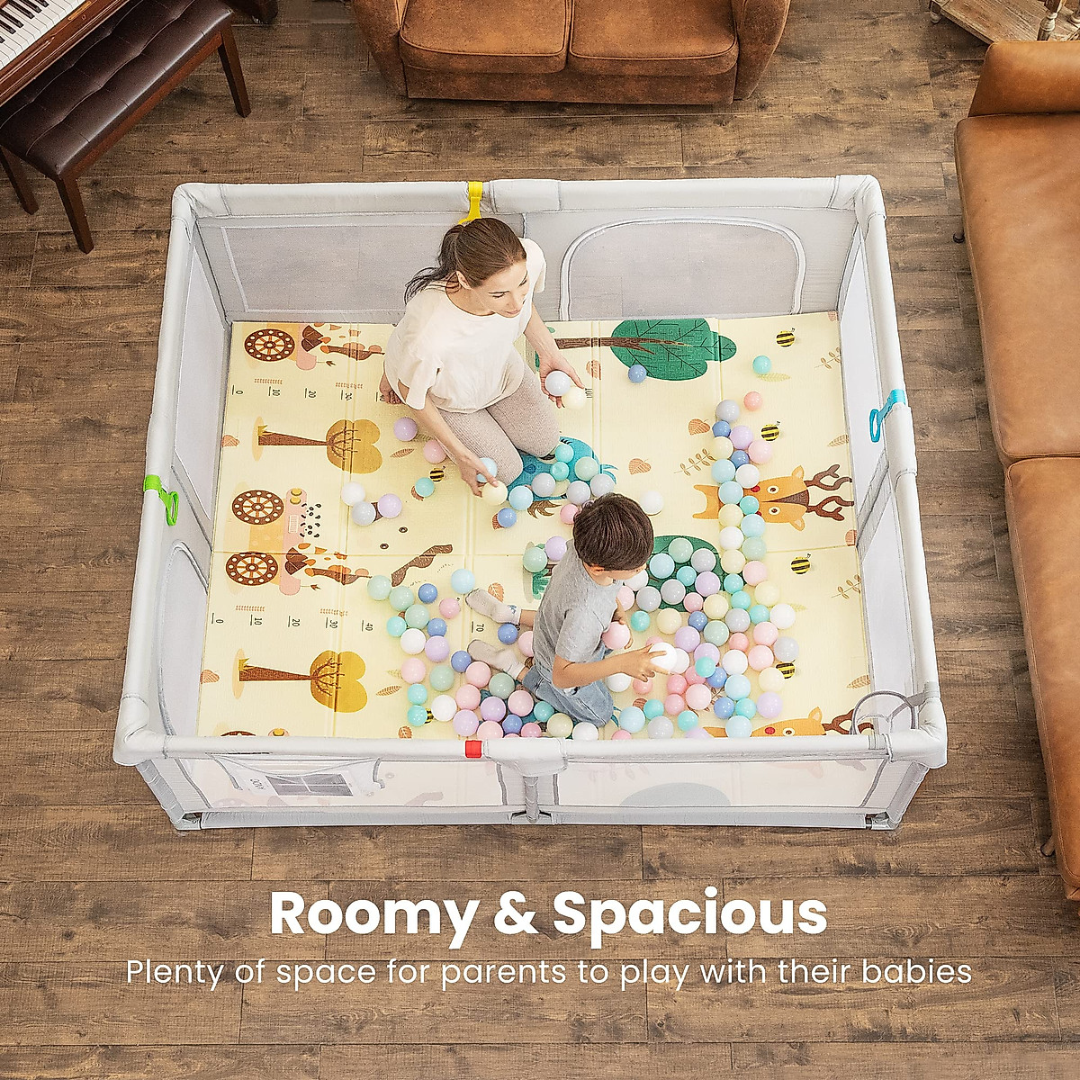 VIVOHOME Large Baby Playpen with Mat, Ocean Balls, Net Basket and Pull Rings, Safety Play Center Yard with Gate for Kids Activity Center, Light Gray