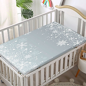 Snowflake Themed Fitted Crib Sheet,Standard Crib Mattress Fitted Sheet Soft Toddler Mattress Sheet Fitted -Baby Sheet for Boys Girls,52 x 28 Inch,Pale Blue Grey and White