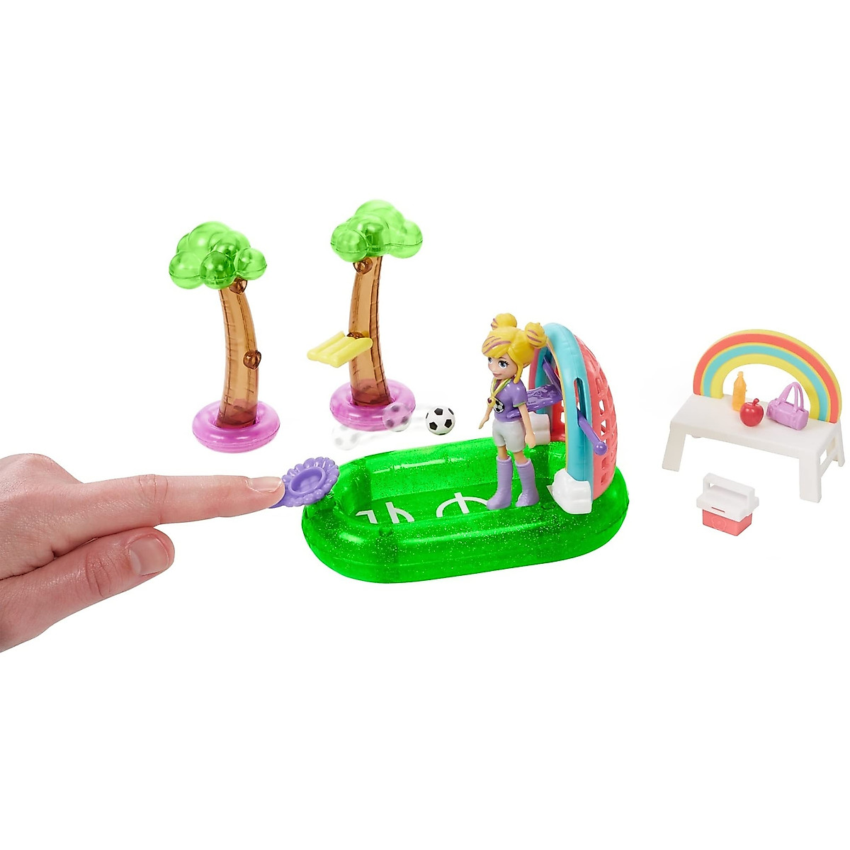 ​Polly Pocket Soccer Splash Pack with 3-inch Polly Doll, Field/Pool, Ball Launch Feature, Rainbow Soccer Net, Soccer Ball, Soccer & Fashion Accessories, Great Gift for Ages 4 Years Old & Up