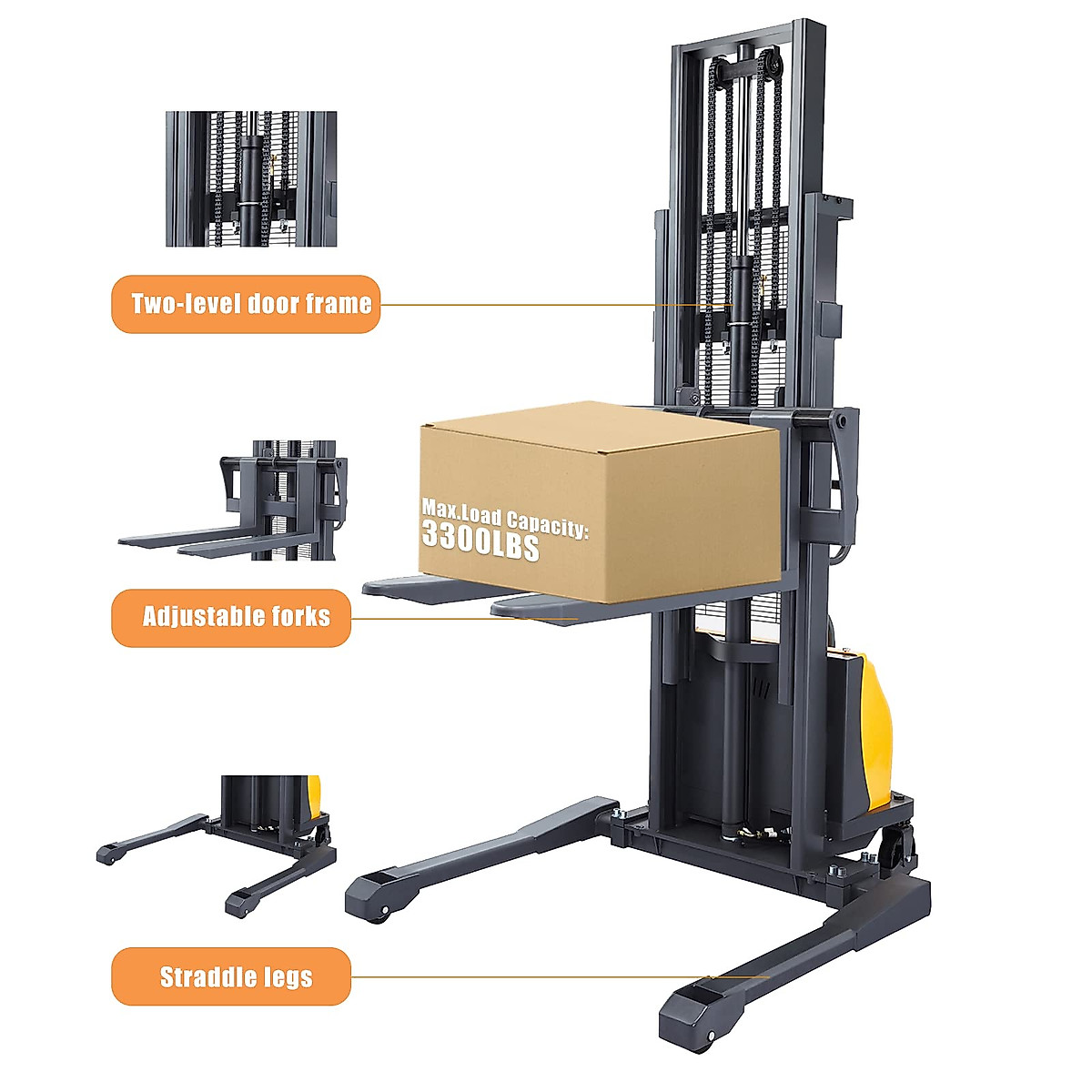 APOLLO Semi-Electric Stacker Pallet Jack Straddle Legs Forklift 3300lbs Capacity 98" Lifting Height with Adjustable Forks for Material Lift