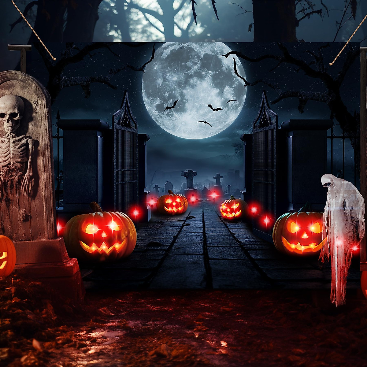 Light Up Halloween Backdrop Halloween Photo Cemetery Backdrops Scary Party Decorations Supplies for Photography Horror Photo Booth Props Background 6.5ft x 5ft
