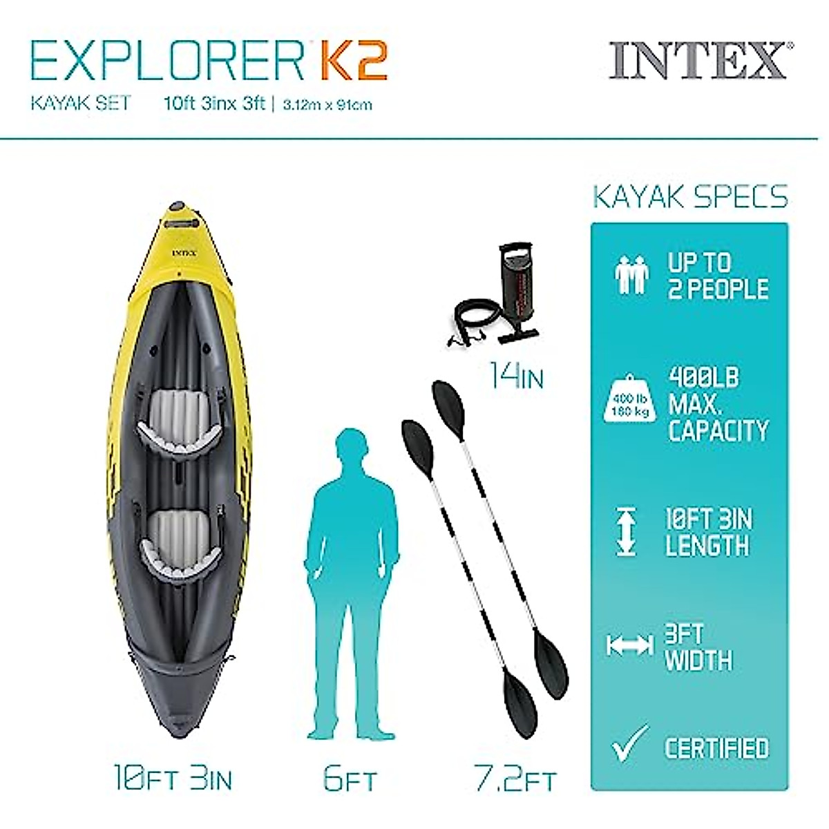 INTEX 68307EP Explorer K2 Inflatable Kayak Set: Includes Deluxe 86in Aluminum Oars and High-Output Pump – SuperStrong PVC – Adjustable Seats with Backrest – 2-Person – 400lb Weight Capacity