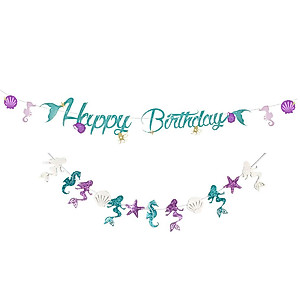 Mermaid Happy Birthday Banner, Mermaid Starfish Seashell Seahorse Banner, Under The Sea Mermaid Theme Party Decoration