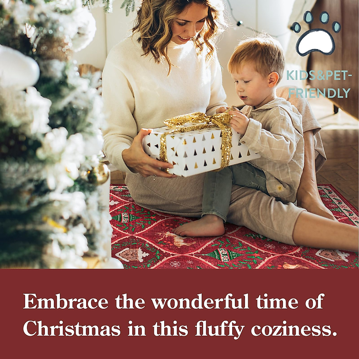 Lahome Christmas Living Room Rug, 5x7 Print Christmas Reindeer Rugs for Bedroom Aesthetic Large Washable Area Rug, Soft Christmas Tree Area Rug Stain Resistance Dining Room Rugs for Under Table (Red)