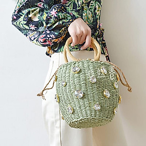 LIUZH Round Rattan Handmade Pearl Bag Bohemian Bucket Knitting Shoulder Crossbody Bead Beach Bag Holiday Tote (Color : D, Size : 1)