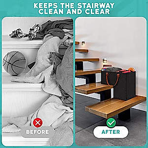 Stair Basket and Stairway Organizer with 2 Reinforced Durable Leather Handles for Standard Sized Stairsteps, Made of Non-Woven Felt Fabric, Collapsible