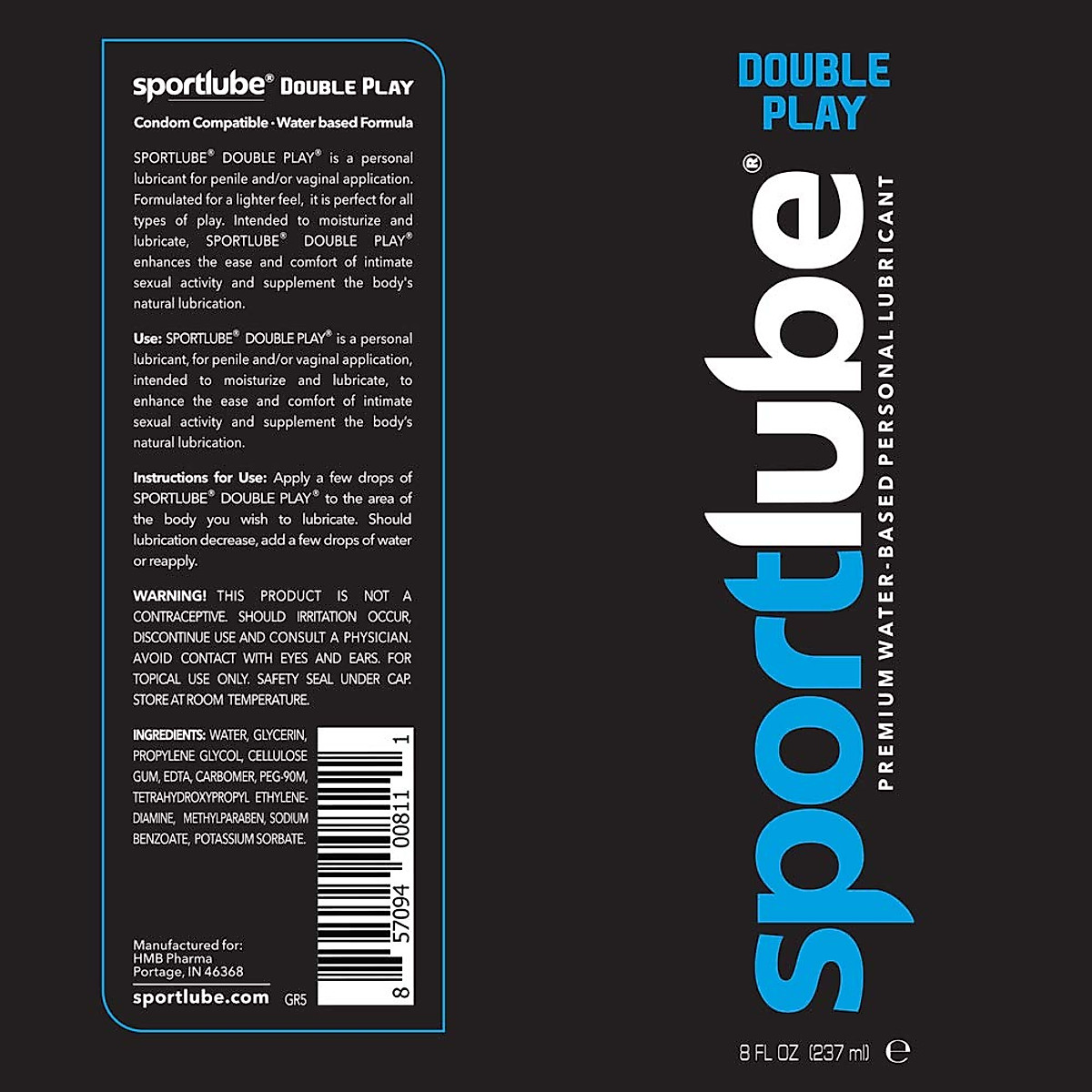 Sportlube Double Play Premium Water-Based Personal Lubricant 8oz Tube - Intimate Sex Lube for Men, Women, & Couples - Natural Feel, Silky Smooth, Non-Staining