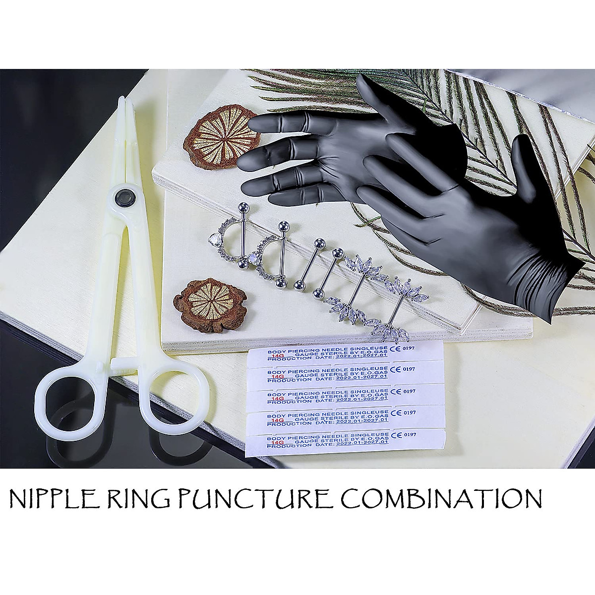 Heienngy Piercing Kit Nipple jewelry kit 14G Surgical Stainless Steel Nipple/Tongue Piercing Jewelry Set 14 Gauge Piercing Needles CZ Silver Black Nipple tongue Ring for Women men Body Piercing Kits