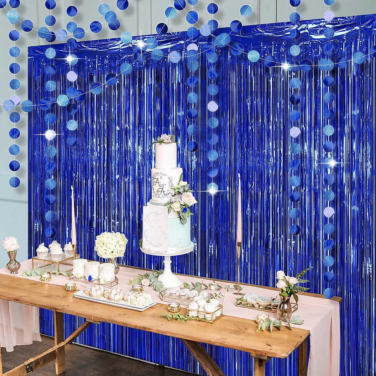 Decor365 Blue Fringe Curtains Blue Party Decorations Blue Circle Garlands Streamers Banner Backdrp for Wedding Graduation Bridal Shower Bachelorette Ramadan Birthday Party Supplies