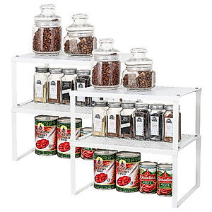 MOOACE Cabinet Shelf Organizers Set of 4, Kitchen Cabinet and Counter Shelves, Kitchen Storage Shelves Expandable Stackable, White