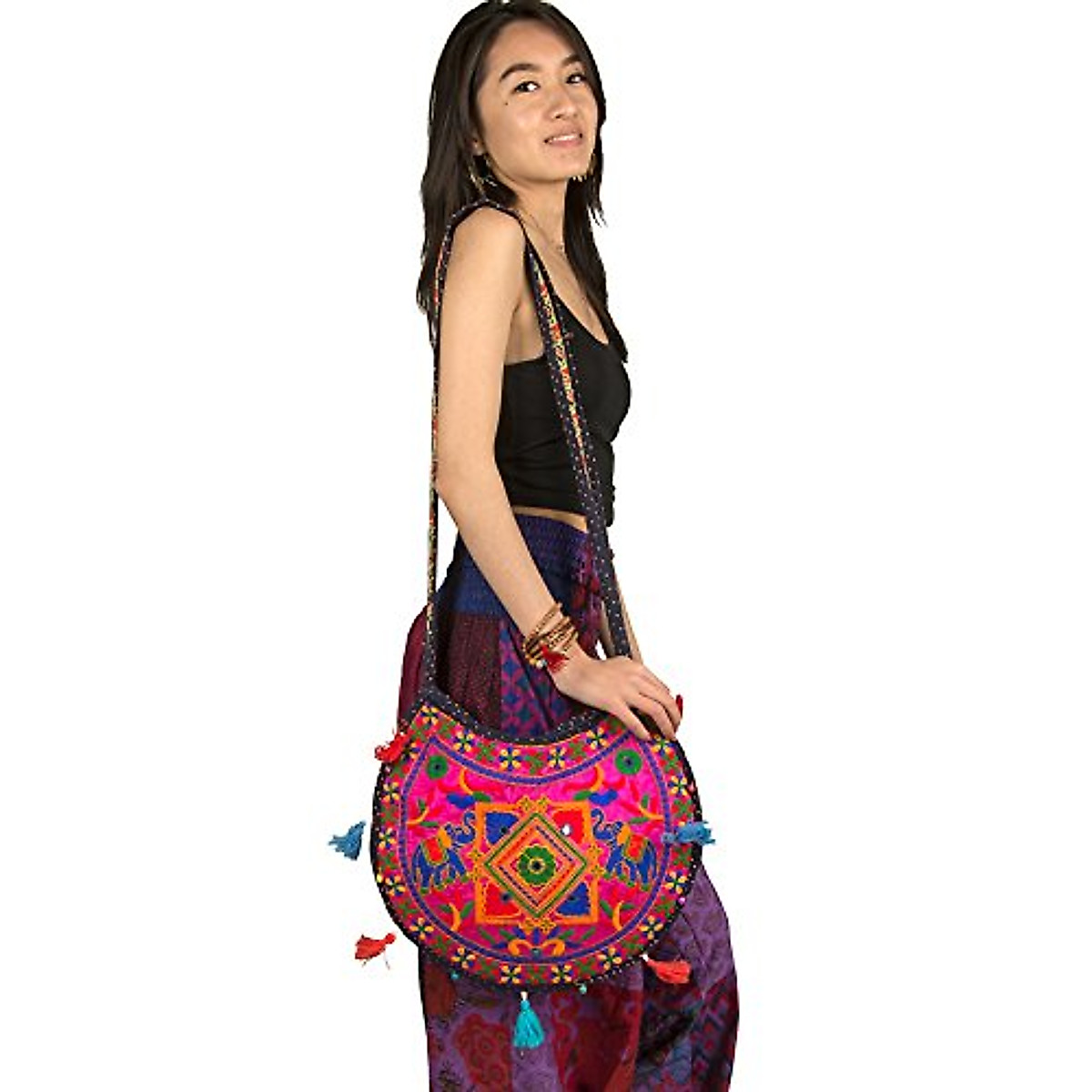 Floral Colorful Shoulder Bag Crossbody Hobo Satchel Hippie Boho Fashion Women Functional Stylish Everyday (Pink Elephant)