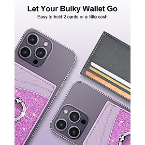Anfauny MagSafe Phone Wallet - Leather Magnetic Cell Phone Wallet Card Holder with 360°Rotation Ring Phone Stand & RFID Blocking Compatible with iPhone 15/14/13/12 Series & MagSafe Cases - Purple