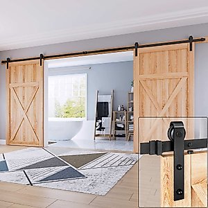 EaseLife 16 FT Double Door Sliding Barn Door Hardware Track Kit,Basic J Pulley,Heavy Duty,Slide Smoothly Quietly,Easy Install (16FT Track Kit for Double 48" Wide Door)