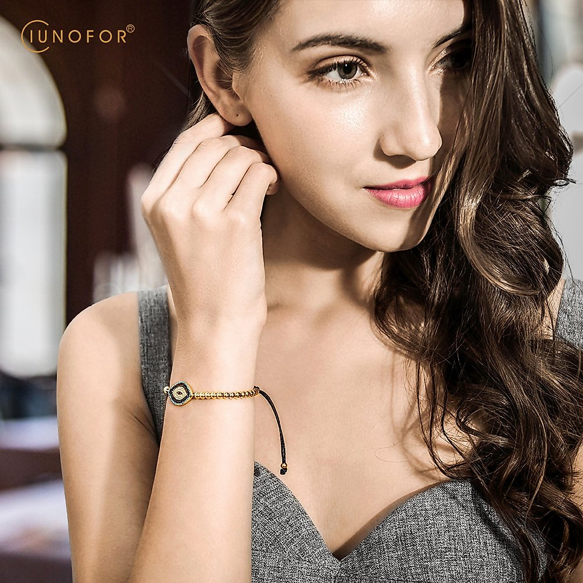 CIUNOFOR 14K Gold Filled Evil Eye Chain Bracelet, Adjustable White Bracelet for Women