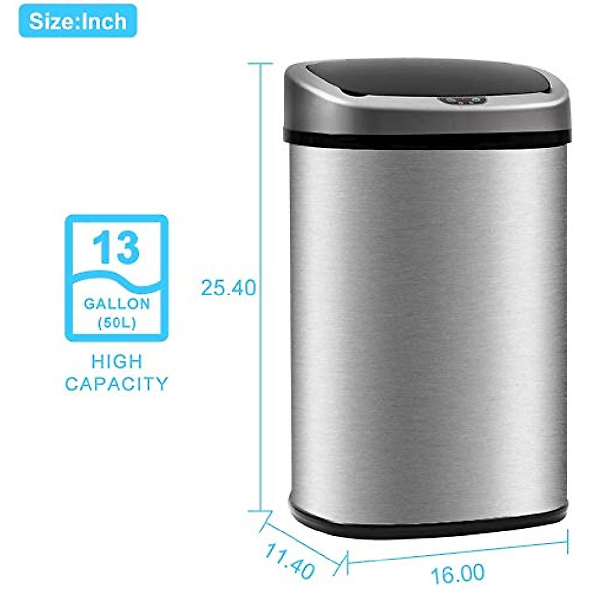 13 Gallon Kitchen Trash Can High-Capacity Brushed Stainless Steel Touch Free Garbage Can with Motion-Sensing Lid Automatic Trash Bin for Bedroom Bathroom Home Office 50 Liter