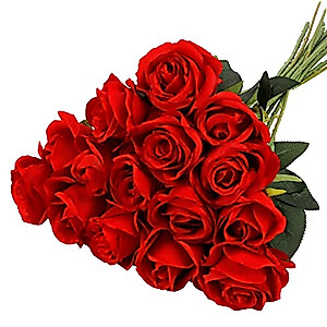 CEWOR 15pcs Artificial Roses with Stems Red Roses Valentine's Artificial Flowers Decorations for Mothers Day Bridal Bouquet Wedding Party Home Decor (Red)