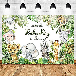Mocsicka Safari Baby Shower Backdrop Jungle Animals Baby Shower Background Zoo Animals Boy Baby Shower Party Cake Table Decoration Banner (7x5ft)