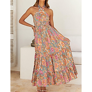 ZESICA Women's 2025 Summer Crossover Halter Neck Sleeveless Plaid Cut Out Backless Flowy A Line Maxi Dress,GreyGreen,Medium