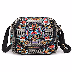 Vintage Embroidery 6.5" Canvas 3 zip Small Crossbody Bag Cell Phone Pouch Wallet Bag Coin Purse for Women (Black + Flower)